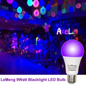 LEMENG LED Black Lights Bulb 9W Blacklight A19(75Watt Equivalent), E26 Medium Base 120V, UVA Level 395-400nm, Glow in The Dark for Blacklights Party, Body Paint, Fluorescent Poster- 3 Pack