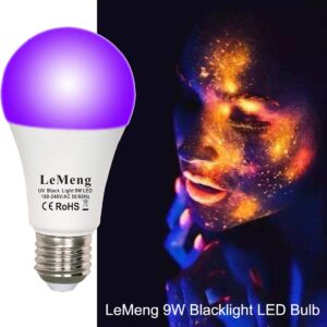 LEMENG LED Black Lights Bulb 9W Blacklight A19(75Watt Equivalent), E26 Medium Base 120V, UVA Level 395-400nm, Glow in The Dark for Blacklights Party, Body Paint, Fluorescent Poster- 3 Pack