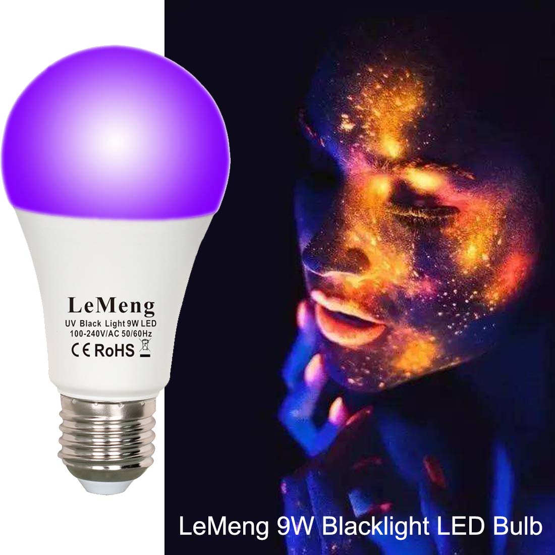 LEMENG LED Black Lights Bulb 9W Blacklight A19(75Watt Equivalent), E26 Medium Base 120V, UVA Level 395-400nm, Glow in The Dark for Blacklights Party, Body Paint, Fluorescent Poster- 3 Pack