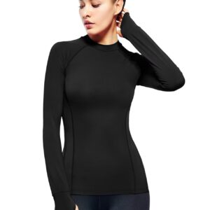 Athletic Tops for Women Long Sleeve Mock Neck Running Shirt with Thumb Holes Dry Fit(Black,XL)