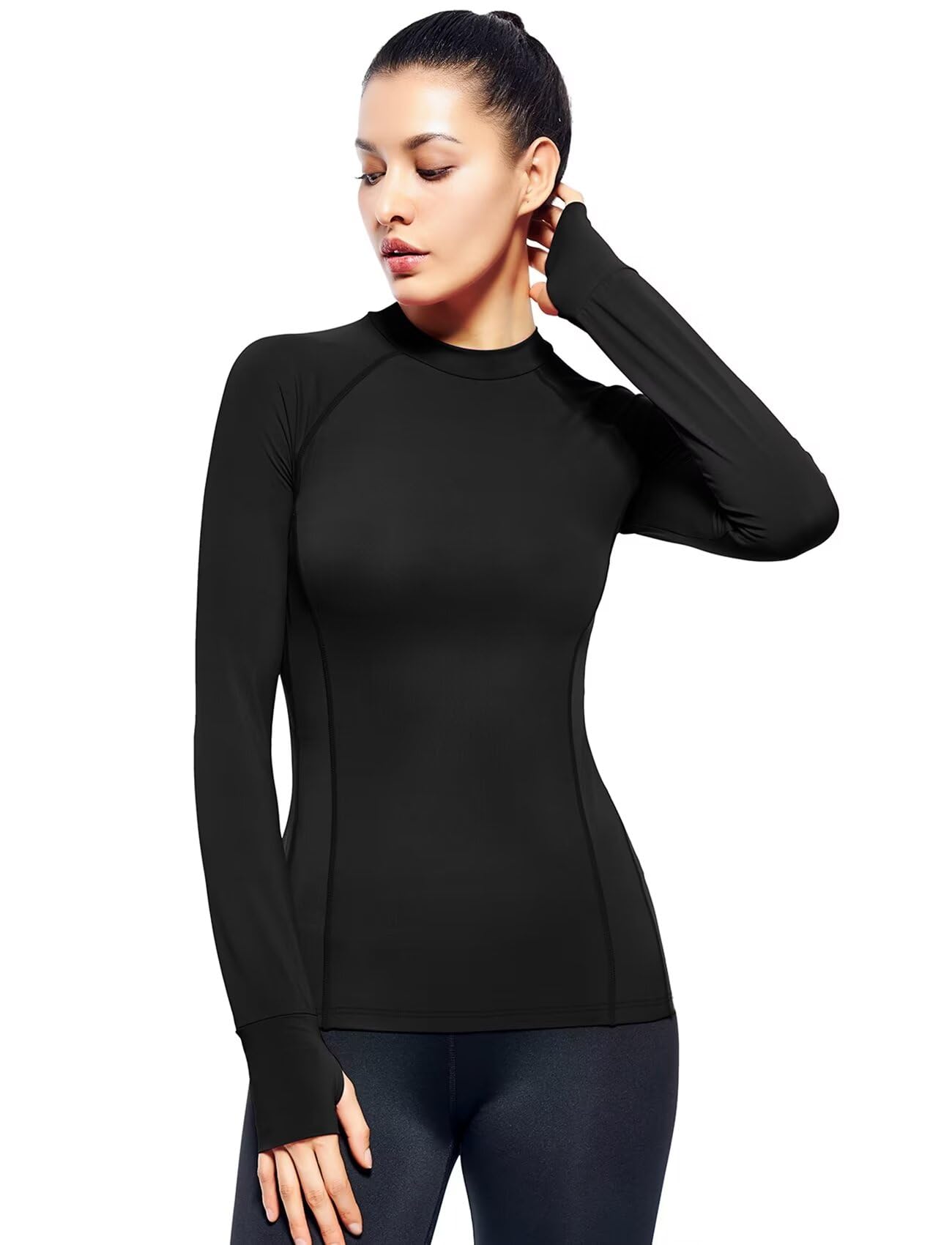 Athletic Tops for Women Long Sleeve Mock Neck Running Shirt with Thumb Holes Dry Fit(Black,XL)