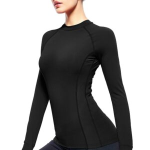 Athletic Tops for Women Long Sleeve Mock Neck Running Shirt with Thumb Holes Dry Fit(Black,XL)