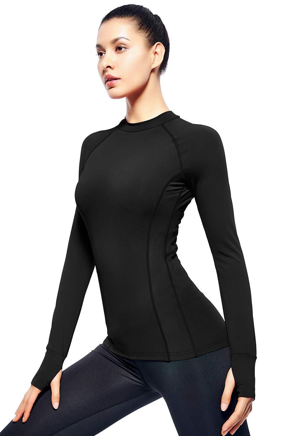 Athletic Tops for Women Long Sleeve Mock Neck Running Shirt with Thumb Holes Dry Fit(Black,XL)