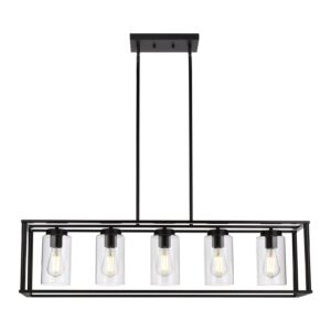 vinluz farmhouse chandeliers rectangle black 5 light dining room lighting fixtures hanging, kitchen island cage pendant lights contemporary modern ceiling light with glass shade adjustable rods