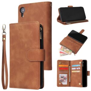 ueebai wallet case for iphone xr, premium vintage pu leather magnetic closure handbag zipper pocket cover kickstand card holder slots with wrist strap tpu shockproof flip case for iphone xr - brown