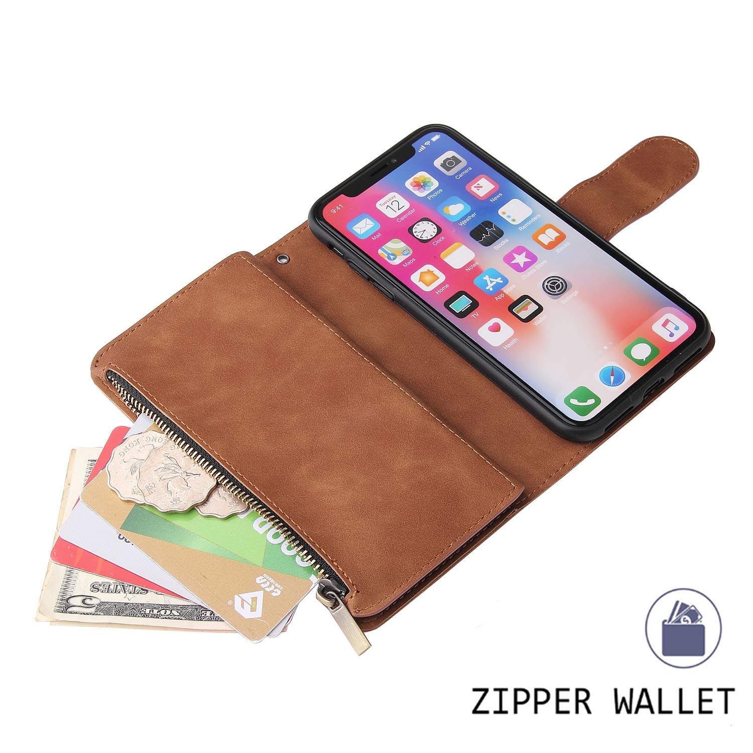 UEEBAI Wallet Case for iPhone XR, Premium Vintage PU Leather Magnetic Closure Handbag Zipper Pocket Cover Kickstand Card Holder Slots with Wrist Strap TPU Shockproof Flip Case for iPhone XR - Brown