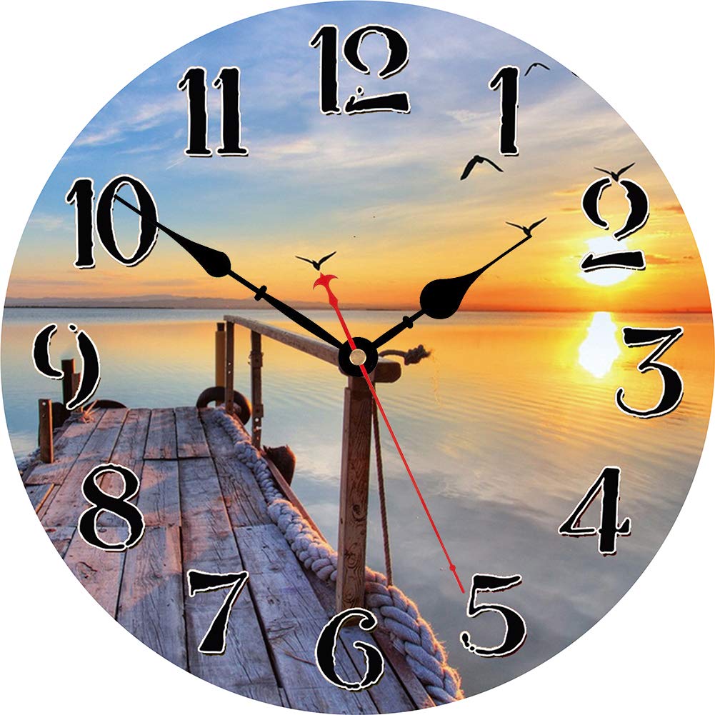 VIKMARI 14 Inch Silent Non-Ticking Wooden Round Wall Clock Big Arabic Numerals Wall Clocks Sunset by The Sea Beach Pattern Clock Battery Operated Home Decor Hanging Clocks