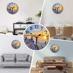 VIKMARI 14 Inch Silent Non-Ticking Wooden Round Wall Clock Big Arabic Numerals Wall Clocks Sunset by The Sea Beach Pattern Clock Battery Operated Home Decor Hanging Clocks