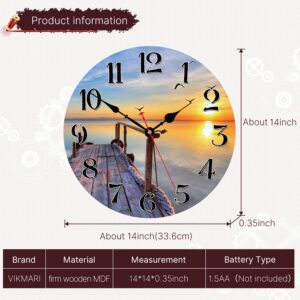 VIKMARI 14 Inch Silent Non-Ticking Wooden Round Wall Clock Big Arabic Numerals Wall Clocks Sunset by The Sea Beach Pattern Clock Battery Operated Home Decor Hanging Clocks