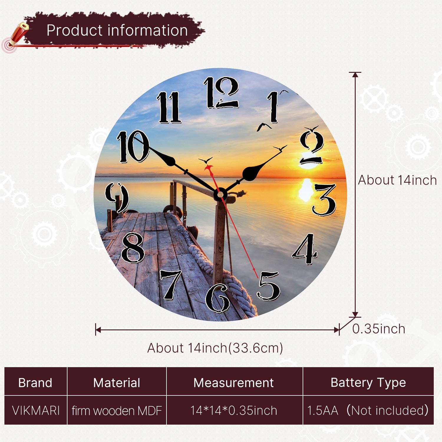 VIKMARI 14 Inch Silent Non-Ticking Wooden Round Wall Clock Big Arabic Numerals Wall Clocks Sunset by The Sea Beach Pattern Clock Battery Operated Home Decor Hanging Clocks