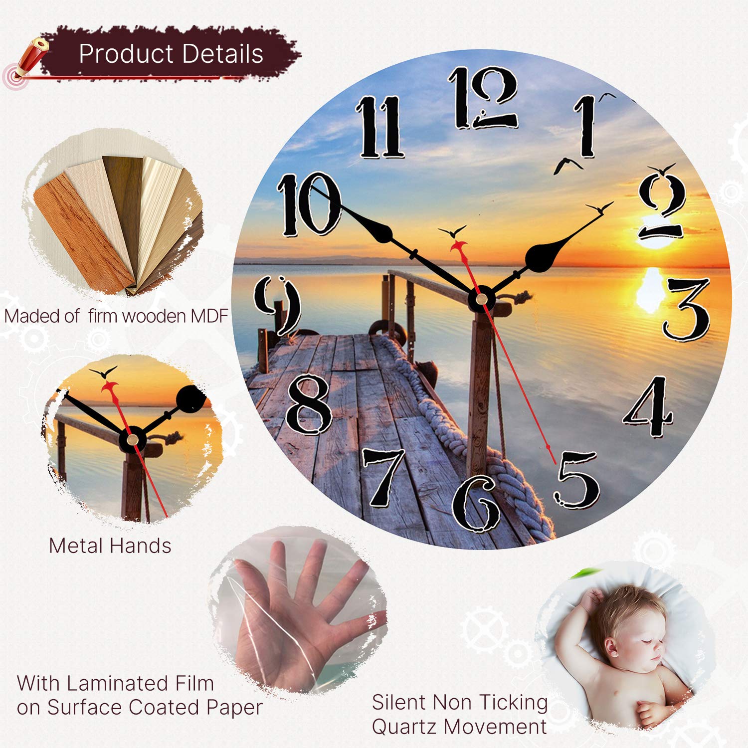 VIKMARI 14 Inch Silent Non-Ticking Wooden Round Wall Clock Big Arabic Numerals Wall Clocks Sunset by The Sea Beach Pattern Clock Battery Operated Home Decor Hanging Clocks