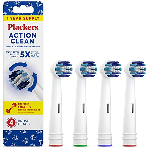 Plackers Action Clean Replacement Brush Heads, 1 Year Supply (Fits Most Oral-B Electric Toothbrushes), 4 Count