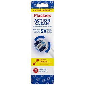 Plackers Action Clean Replacement Brush Heads, 1 Year Supply (Fits Most Oral-B Electric Toothbrushes), 4 Count