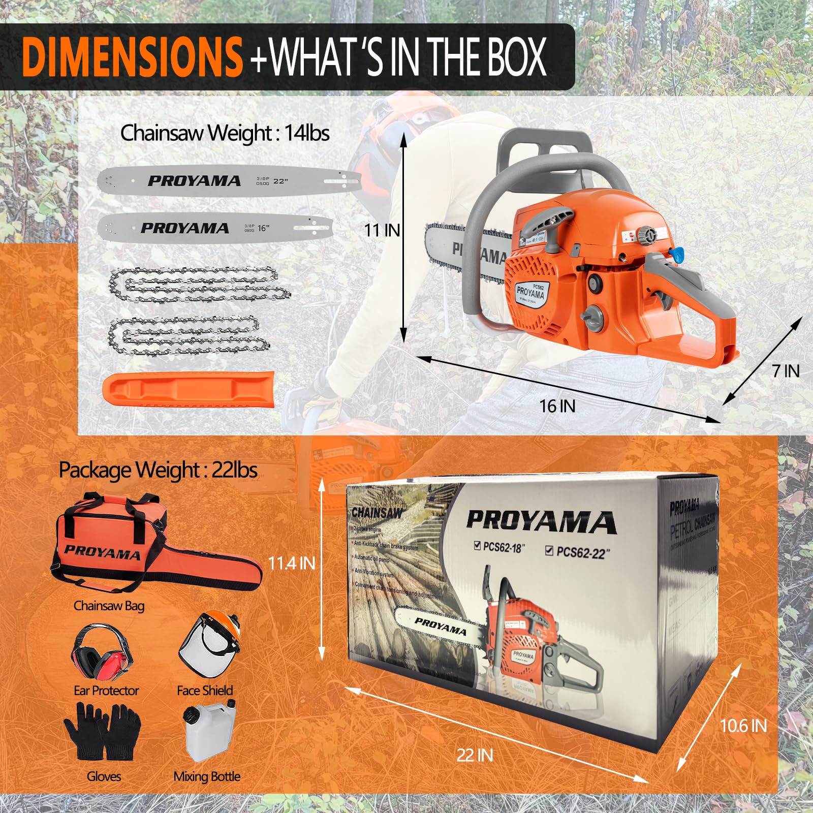 PROYAMA 62CC 2-Cycle Gas Powered Chainsaw, 22 Inch 18 Inch Handheld Cordless Petrol Chain Saw for Tree Wood Cutting