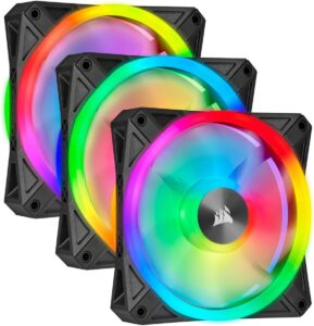 corsair ql series, ql120 rgb, 120mm rgb led fan, triple pack with lighting node core, black, compatible with desktop