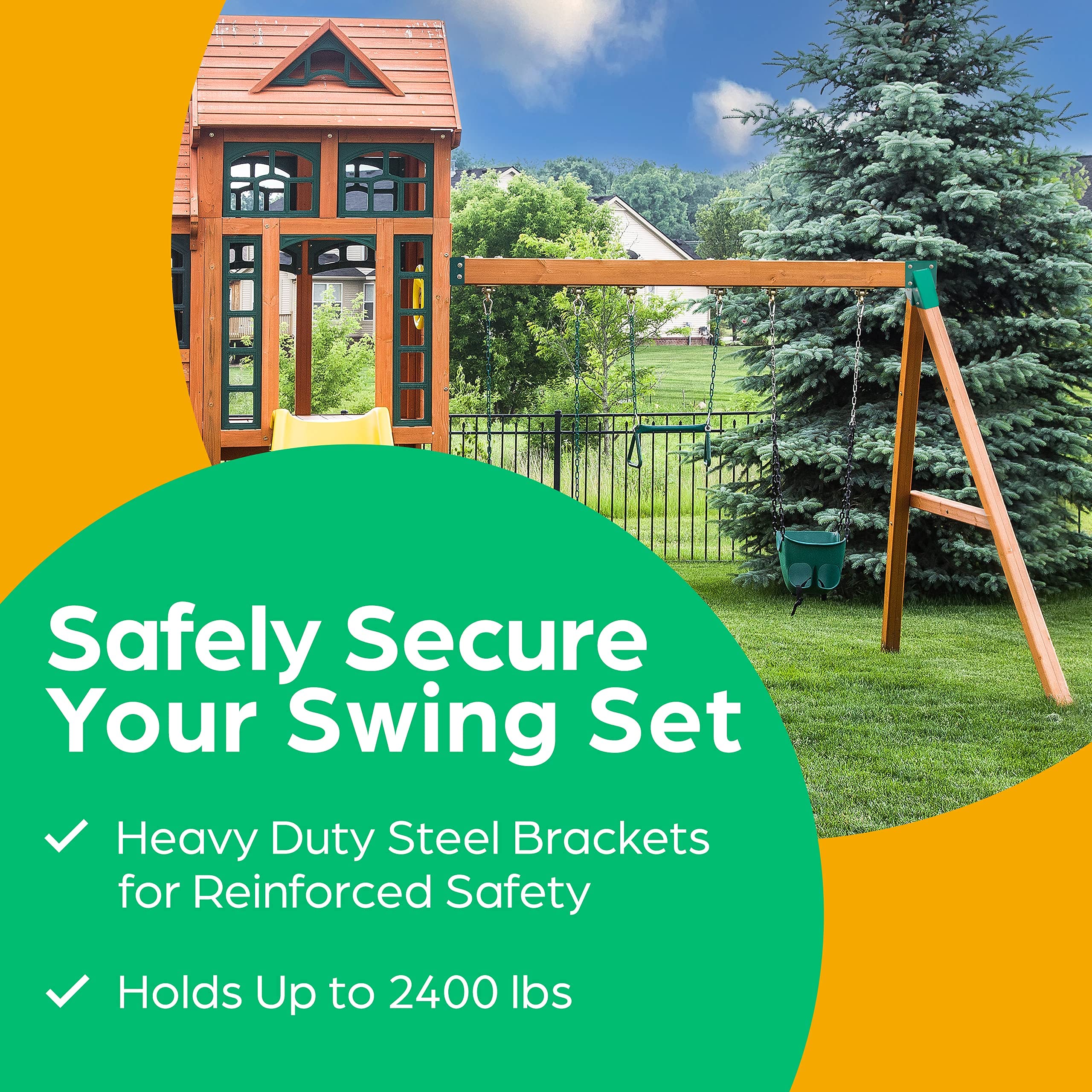 Jungle Gym Kingdom 2 Pack Swing Set Brackets – Premium, Heavy Duty, Steel A-Frame Bracket w/ Hardware - Includes Wood Screws & Washers