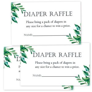 50 pack greenery diaper raffle tickets for baby shower, baby shower invitations insert cards, bring a pack of diapers to win favors, baby shower games.