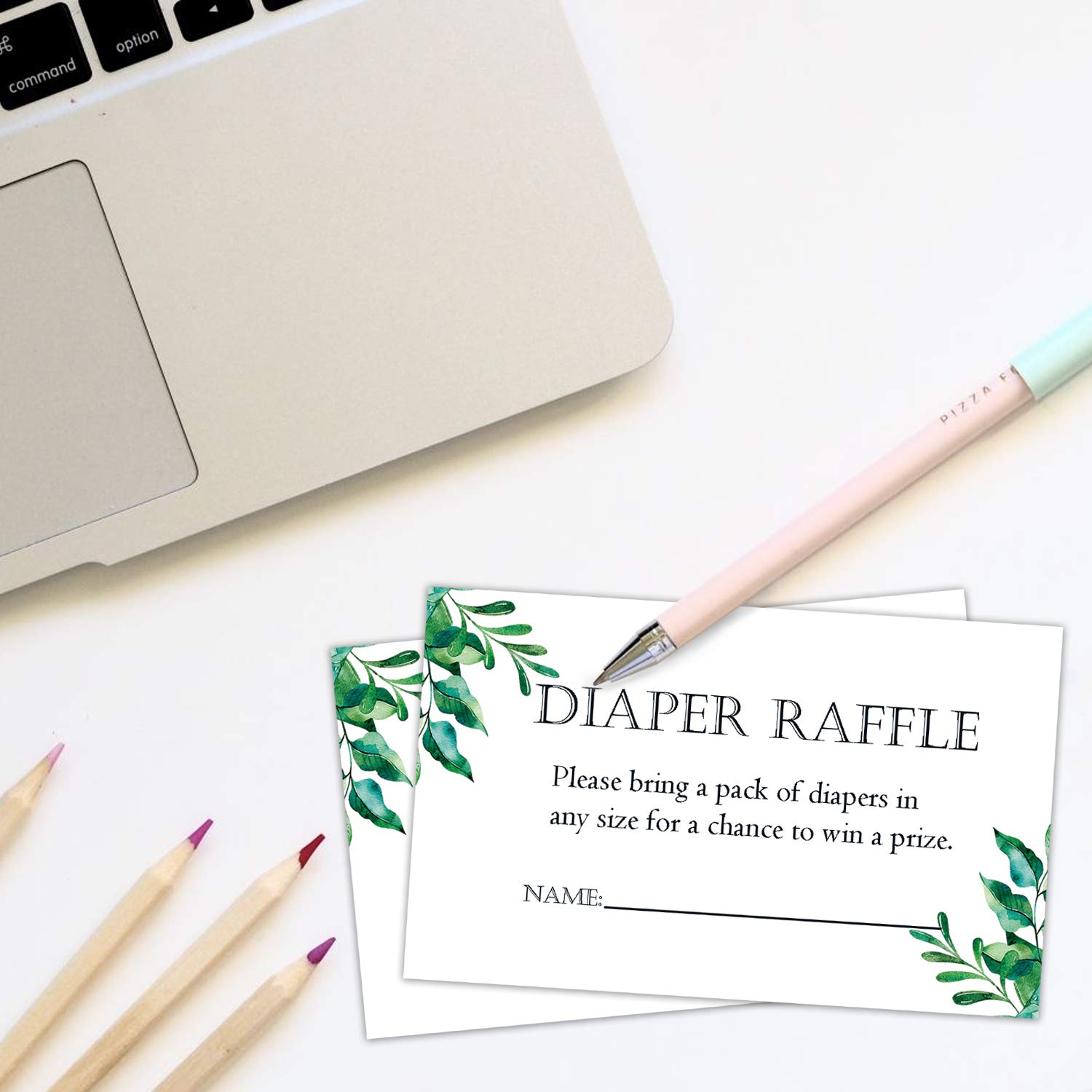 50 Pack Greenery Diaper Raffle Tickets for Baby Shower, Baby Shower Invitations Insert Cards, Bring a Pack of Diapers to Win Favors, Baby Shower Games.