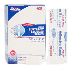 dukal butterfly closure strips. pack of 100 adhesive wound closure bandages. sterile bandages for wound protection. single use. individually wrapped. easy to apply.