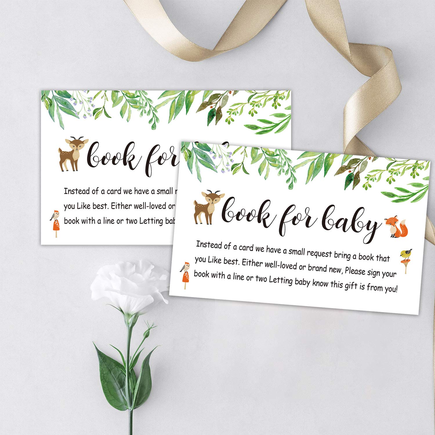 50 Pack Books for Baby Shower Request Cards, Woodland Floral Books for Baby Insert Cards, Baby Shower Invitation Inserts