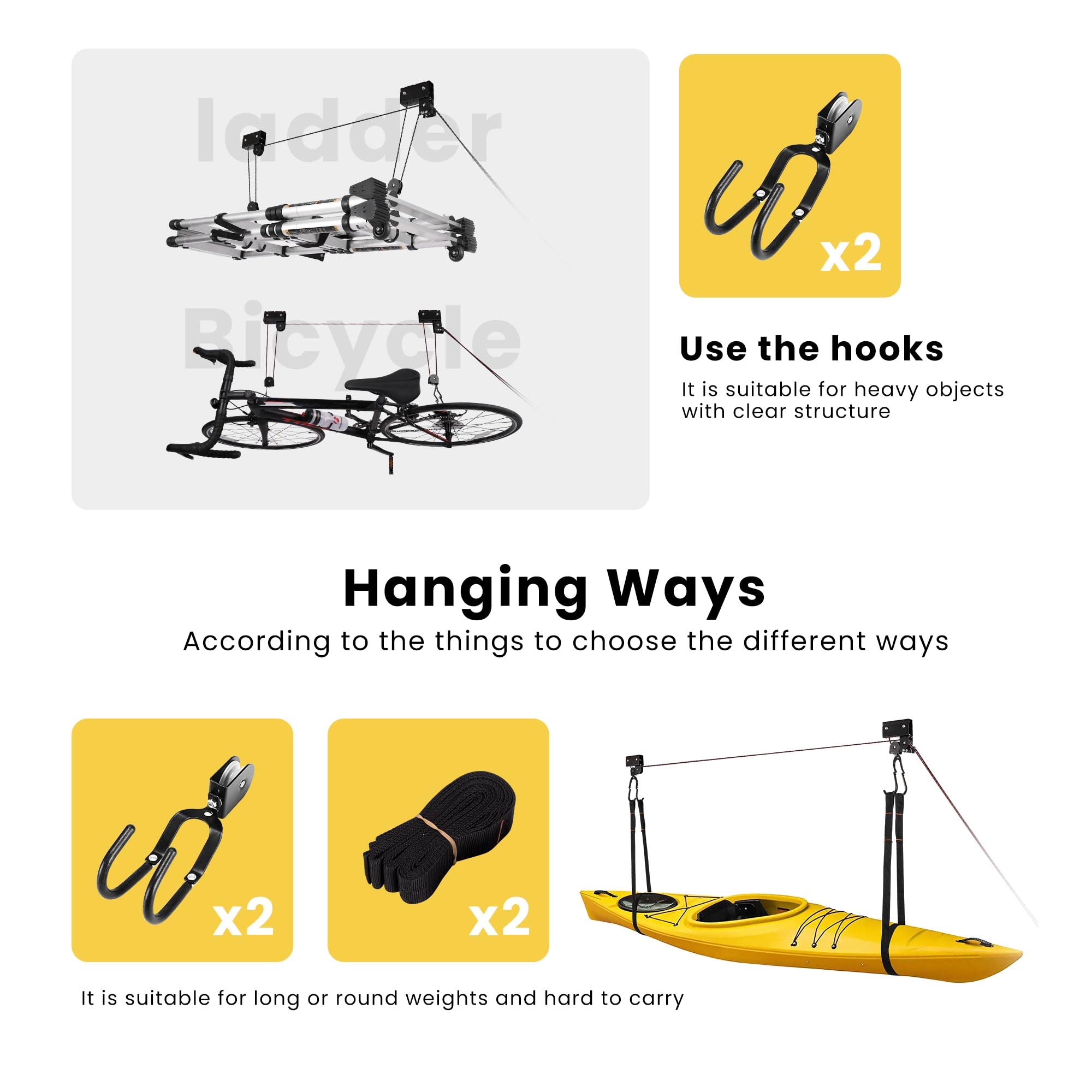 VIVOHOME Kayak Hoist Lift Pulley System for Overhead Garage Storage Canoe Bicycle Ceiling Hoist Hanging System 125lbs 2-Pack Upgraded Edition