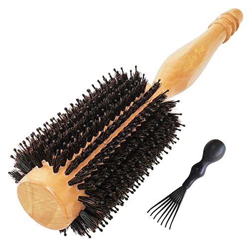 Wood Round Hair Brush with High-Density Boar Bristle for Blow Drying, Straightening, Styling Shoulder or Back Length Hair, Large Round Brush 1.2" Roller, 2.4" with Bristles