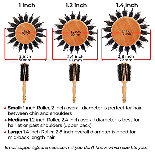 Wood Round Hair Brush with High-Density Boar Bristle for Blow Drying, Straightening, Styling Shoulder or Back Length Hair, Large Round Brush 1.2" Roller, 2.4" with Bristles