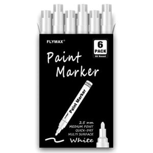 white paint pens, 6 pack 2.5mm medium tip white paint marker permanent for wood rock plastic leather glass stone metal canvas ceramic fabric tire paint marker oil based