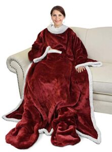 catalonia sherpa wearable blanket with sleeves & foot pockets for adult women men, comfy snuggle wrap sleeved throw blanket robe, gift idea, wine