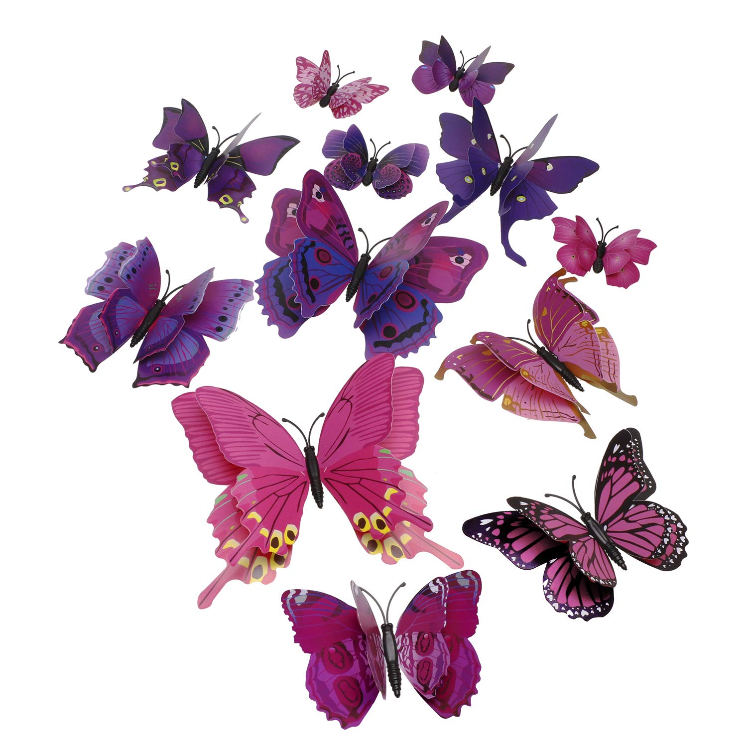 Tupalizy 12PCS Double Wings 3D Butterfly Wall Stickers Decals DIY Art Crafts Decorations for Windows Refrigerator Boys Girls Bedroom Classroom Bathroom Home Office Birthday Party (Purple)