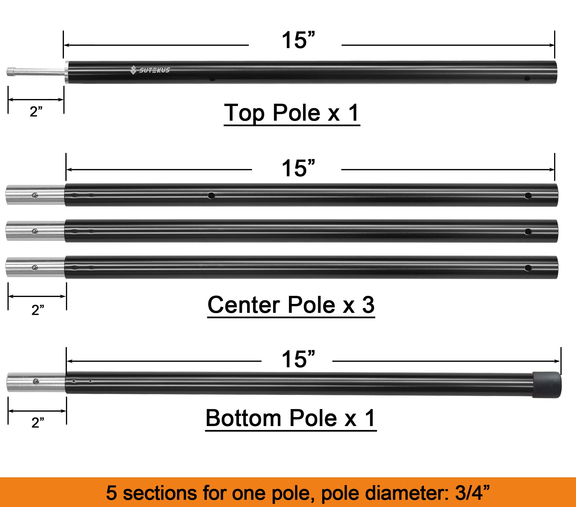 Sutekus Aluminum Poles Tarp Poles Replacement Accessories 5 Section Multifunction Aluminum Rod with Lantern Hook for Camping Shelters Canopy Support 2 Poles (Black)