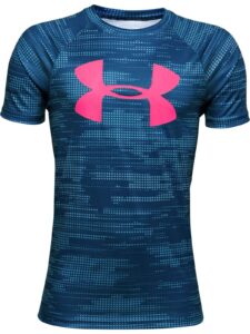 under armour boys' tech big logo printed short sleeve gym t-shirt , graphite blue (581)/cerise , youth small