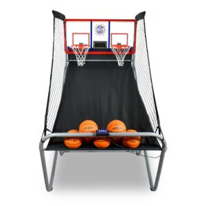 pop-a-shot - indoor/outdoor dual shot | arcade basketball fun, inside or out | sensor scoring | 16 game modes | 7 balls | foldable storage l for all players