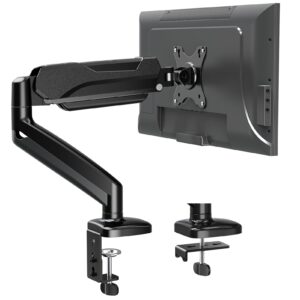 mountup single monitor desk mount, adjustable gas spring monitor arm support max 32 inch, 4.4-17.6lbs screen, computer monitor stand holder with clamp/grommet mounting base, vesa mount bracket, black