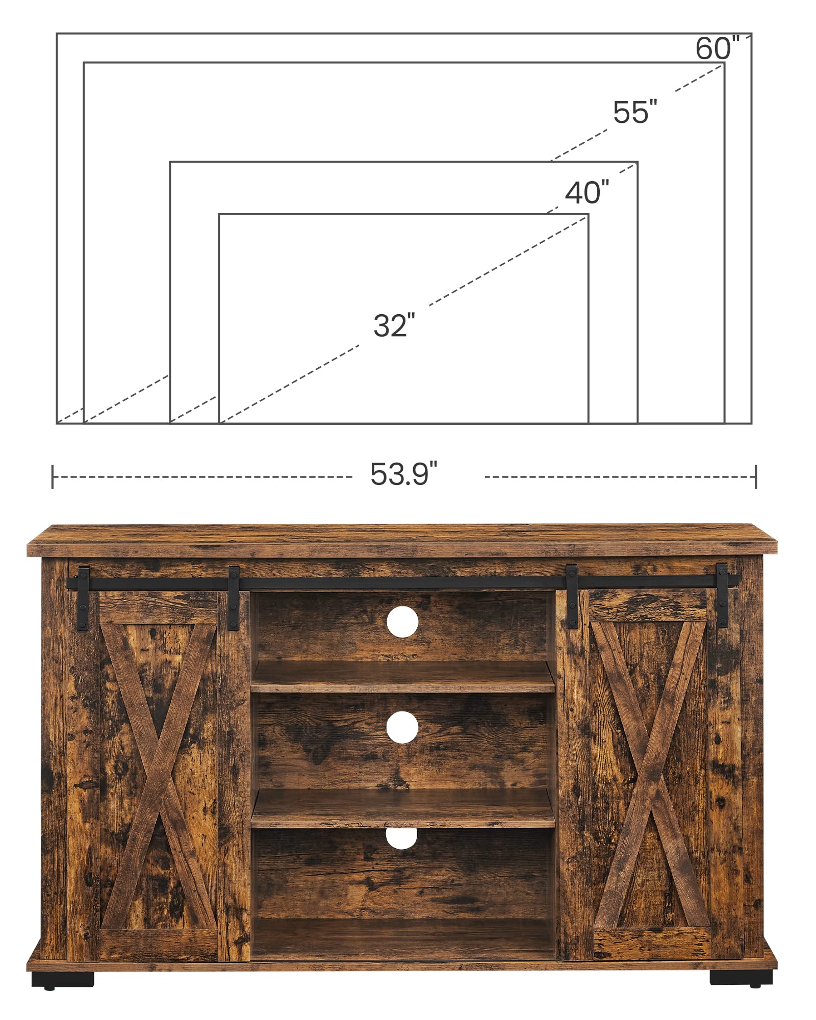 VASAGLE TV Stand with Storage and Sliding Barn Doors for 60-Inch Televisions, Entertainment Center Console, 53.9”, Rustic Brown