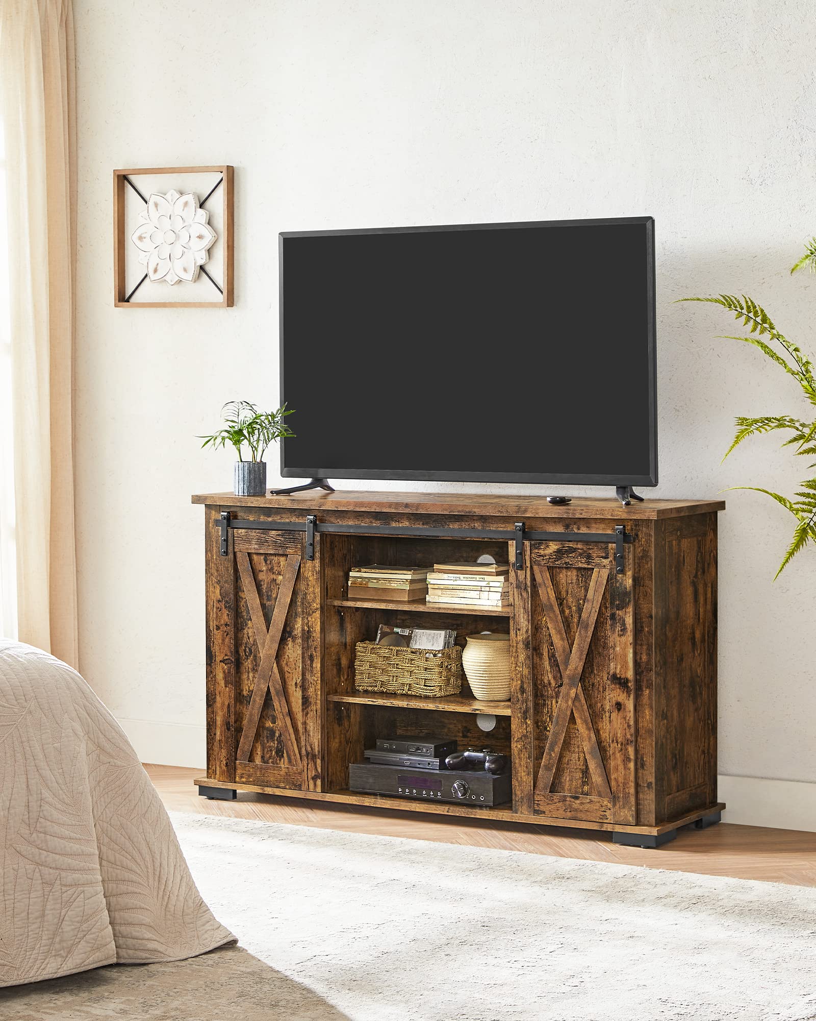 VASAGLE TV Stand with Storage and Sliding Barn Doors for 60-Inch Televisions, Entertainment Center Console, 53.9”, Rustic Brown