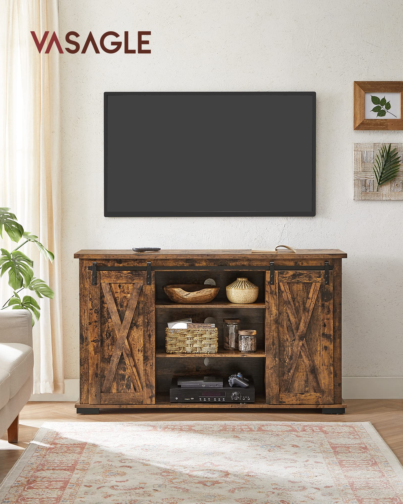 VASAGLE TV Stand with Storage and Sliding Barn Doors for 60-Inch Televisions, Entertainment Center Console, 53.9”, Rustic Brown