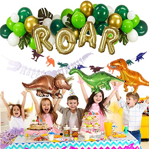 Dinosaur Party Decorations, Dinosaur Birthday Party Supplies & PDF Downloads, for Boys Girls, Dino Party Decorations with Jurassic Park Fringe Backdrop, Godzilla T Rex Balloons, 3, 4 year old (GOLD)