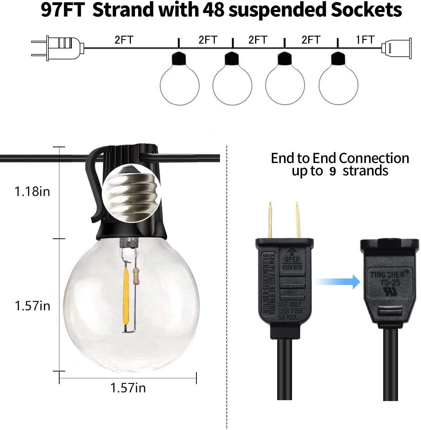 SUNTHIN Outdoor String Lights, 97FT Patio Lights with 49 G40 Shatterproof LED Bulbs(1 Spare), Waterproof Lights String for Outside Backyard, Porch, Bistro, Party, Camping, Garden Gathering