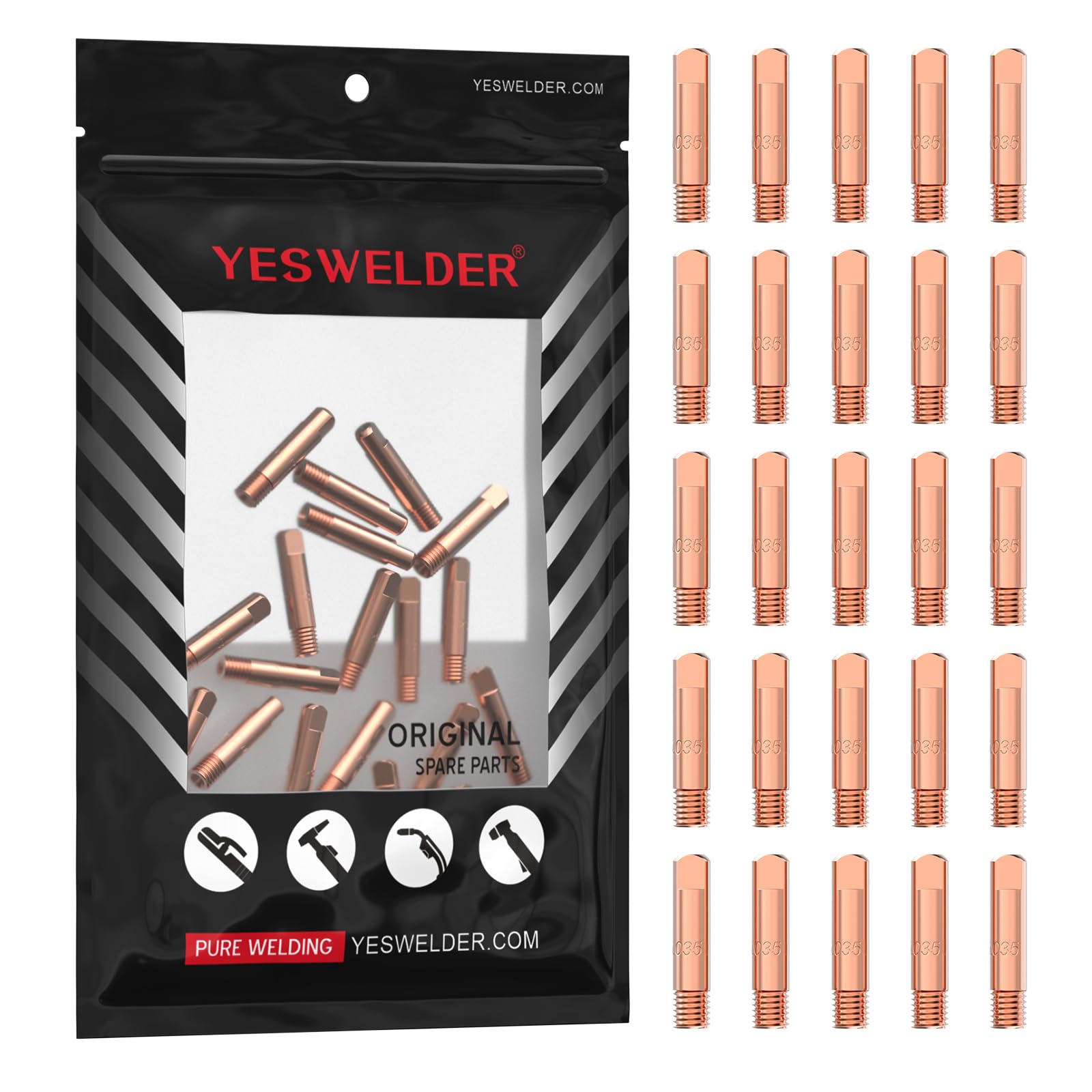 YESWELDER 25-pk MIG Welding Contact Tip 11-35 (0.035") for Lincoln Tweco MIG Guns 100L Mini