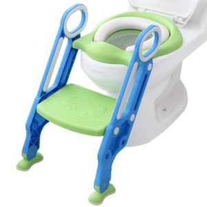 potty training seat with step stool ladder, toddler toilet training seat chair foldable toilet potty trainer with soft cushion and anti-slip pad for kids child baby boys girls (blue green)