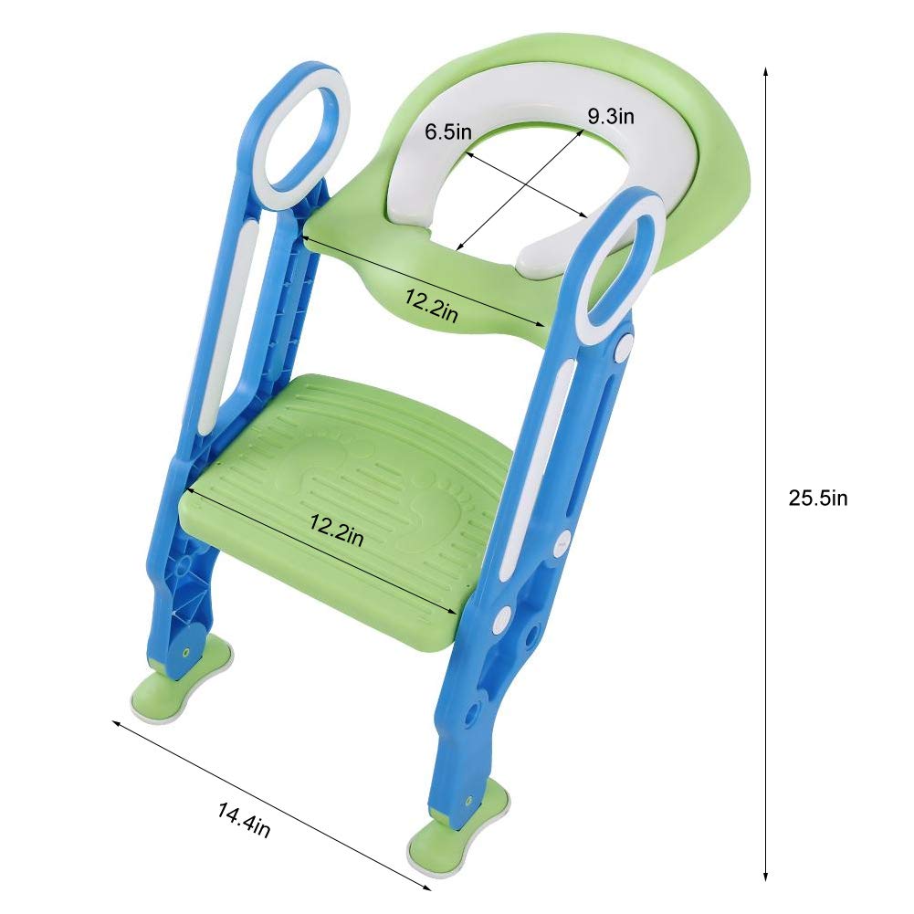 Potty Training Seat with Step Stool Ladder, Toddler Toilet Training Seat Chair Foldable Toilet Potty Trainer with Soft Cushion and Anti-slip Pad for Kids Child Baby Boys Girls (Blue Green)