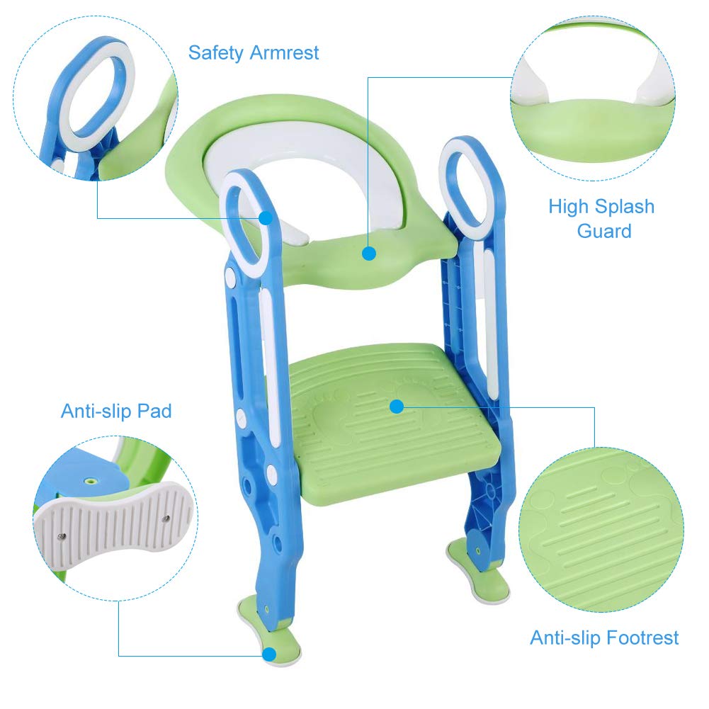 Potty Training Seat with Step Stool Ladder, Toddler Toilet Training Seat Chair Foldable Toilet Potty Trainer with Soft Cushion and Anti-slip Pad for Kids Child Baby Boys Girls (Blue Green)