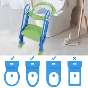 Potty Training Seat with Step Stool Ladder, Toddler Toilet Training Seat Chair Foldable Toilet Potty Trainer with Soft Cushion and Anti-slip Pad for Kids Child Baby Boys Girls (Blue Green)