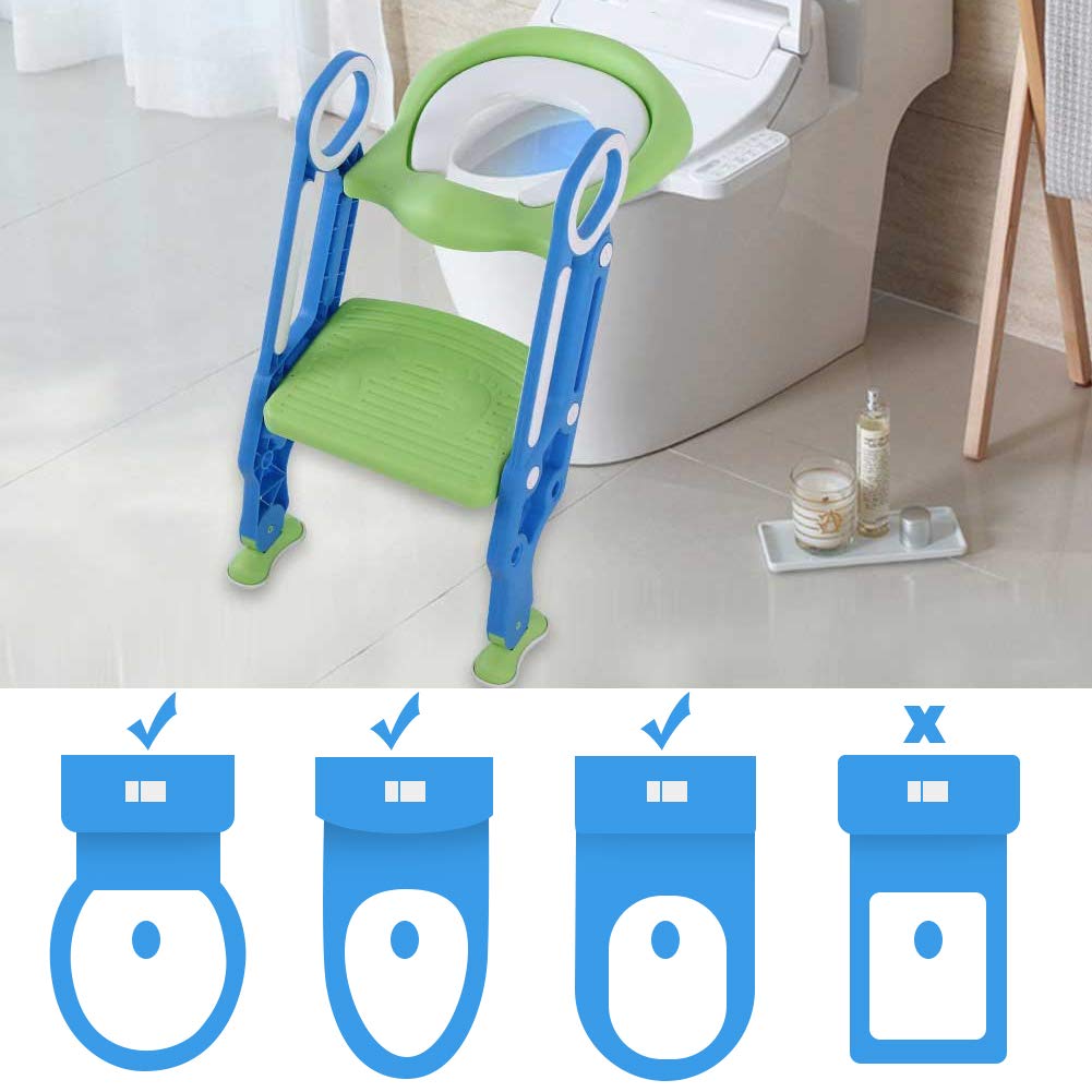 Potty Training Seat with Step Stool Ladder, Toddler Toilet Training Seat Chair Foldable Toilet Potty Trainer with Soft Cushion and Anti-slip Pad for Kids Child Baby Boys Girls (Blue Green)