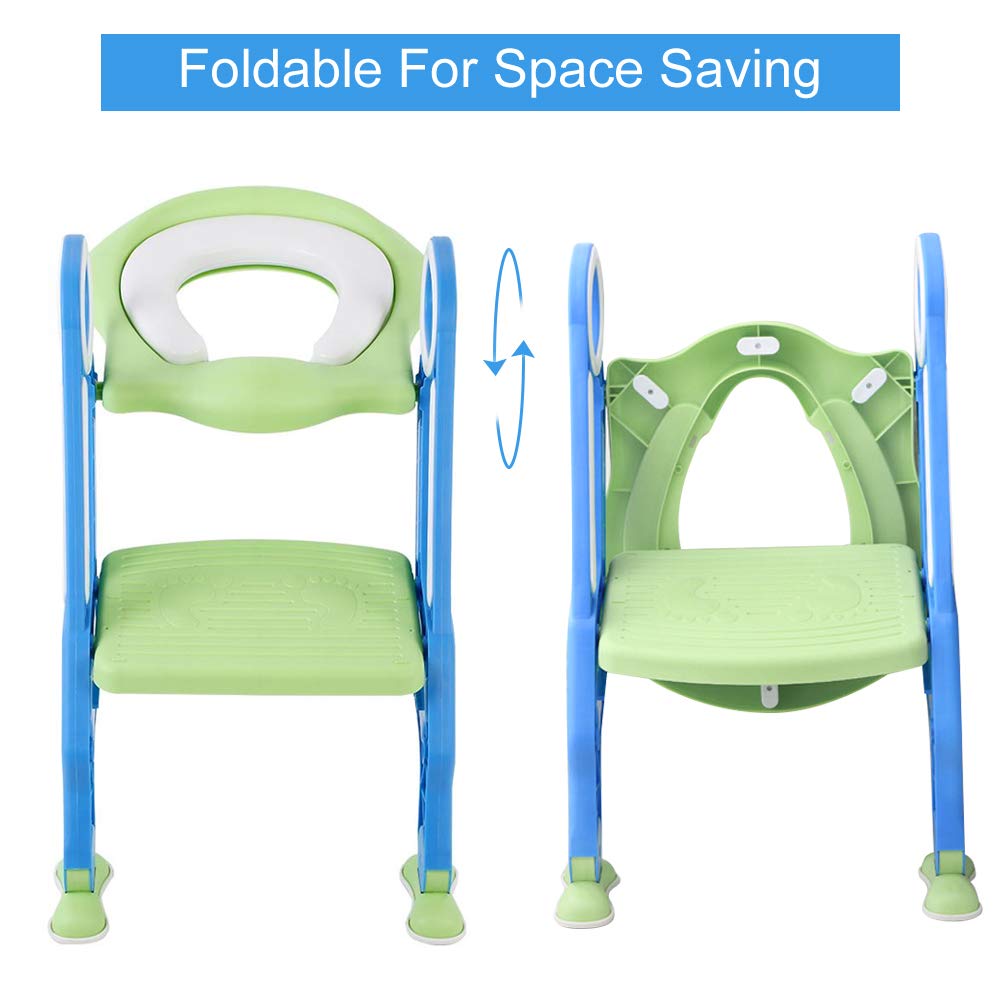 Potty Training Seat with Step Stool Ladder, Toddler Toilet Training Seat Chair Foldable Toilet Potty Trainer with Soft Cushion and Anti-slip Pad for Kids Child Baby Boys Girls (Blue Green)