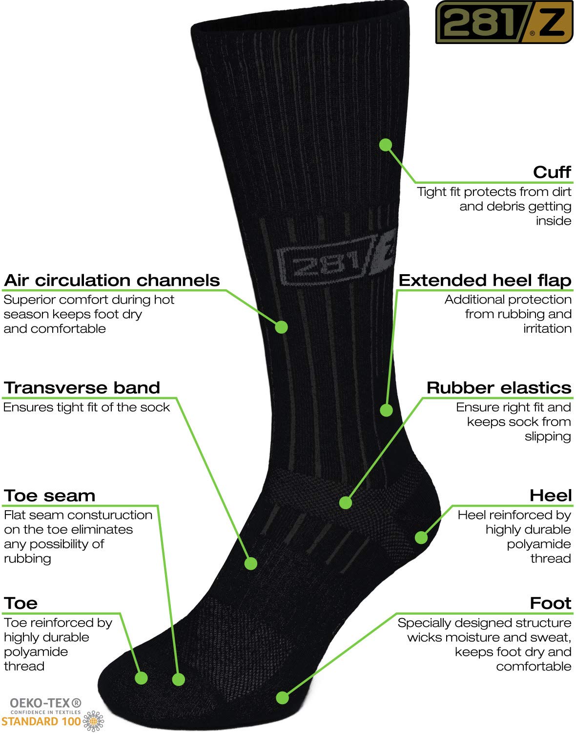 281Z Military Boot Socks - Tactical Trekking Hiking - Outdoor Athletic Sport (Black)(Medium 2 Pairs Pack)