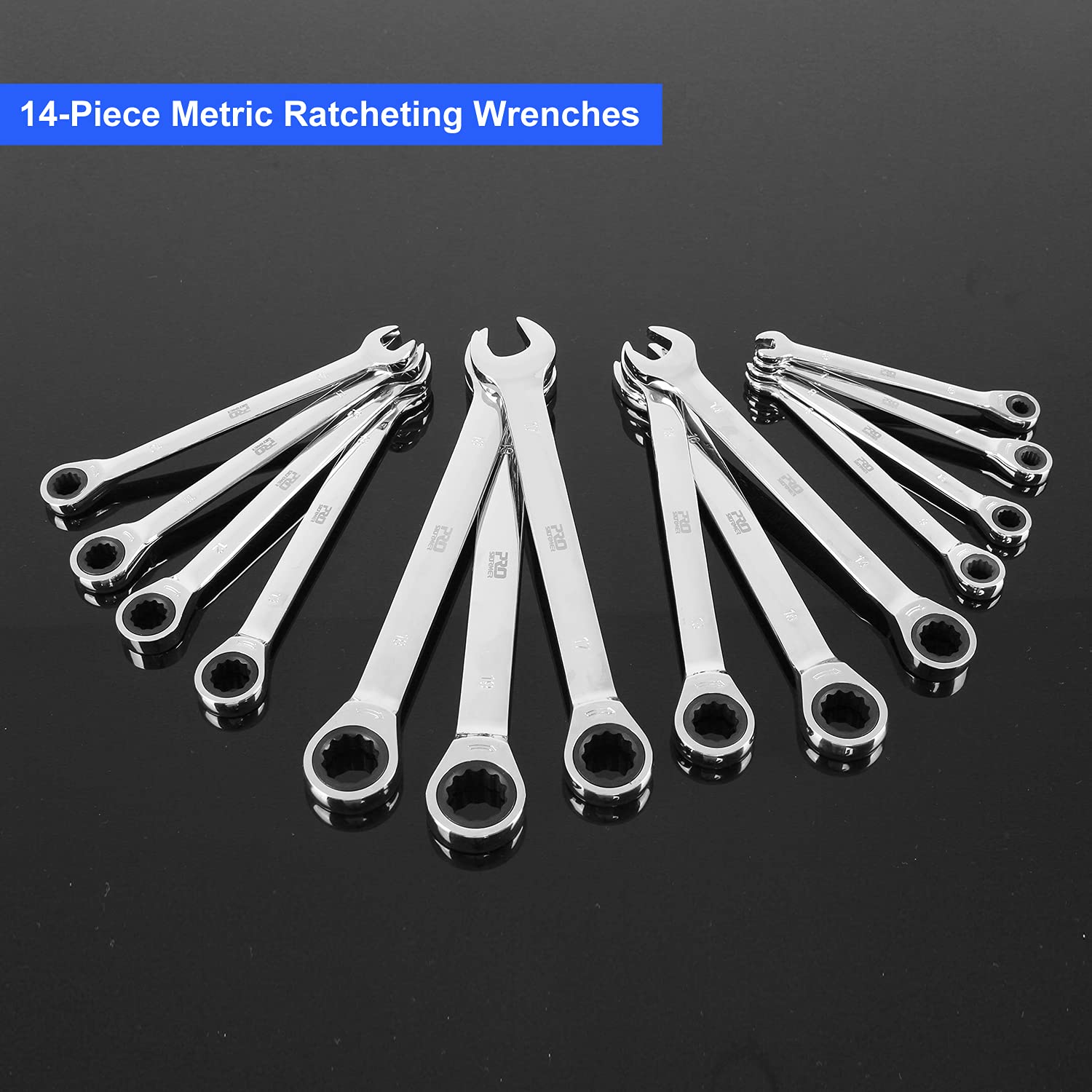 Prostormer 14-Piece Ratcheting Wrench Set, 6-19mm Metric Chrome Vanadium Steel Ratchet Wrenches, Combination Ended Spanner Kit with Storage Case