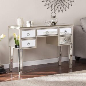 mtfy mirrored console table,mirrored makeup vanity table desk, 5 drawer media console table for women home office writing desk smooth finish with ring knobs (5 drawer,silver)