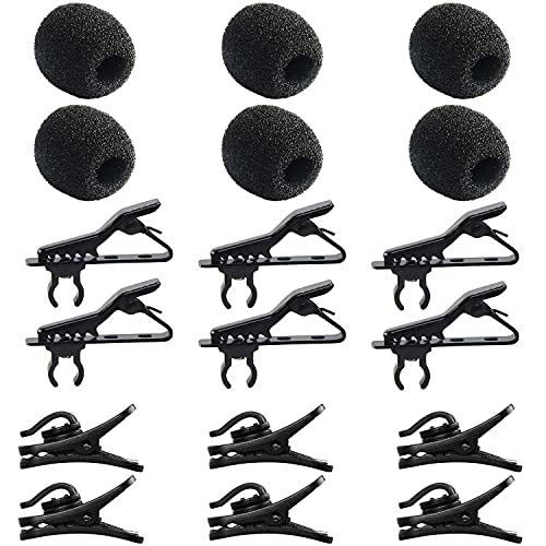 AUGSUN 18Pcs Lapel Microphone Clips Replacement Kit, 6Pcs Lavalier Mic Clips Metal Tie Clips Lavalier Microphone Clips, 6Pcs Windscreen Foam Cover and 6Pcs Plastic Wire Clips